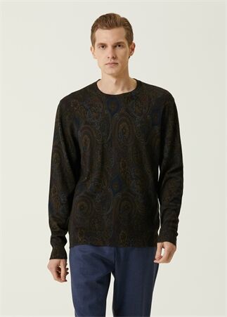 Etro Erkek Bisiklet Yaka Şal Desenli Yün Kazak Mavi XL EU