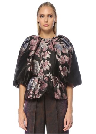 Dries Van Noten Kadın Siyah Balon Kollu Çiçek Desenli Bluz 38 FR