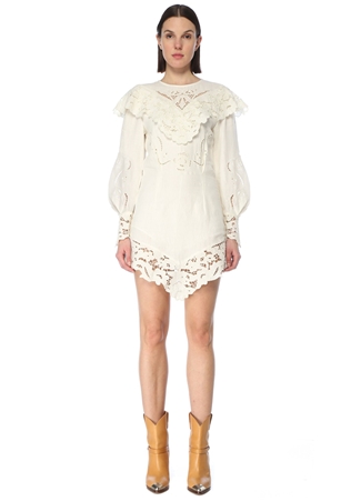 Isabel Marant Kadın Ekru Dantel İşlemeli Mini Keten Elbise Bej 38 FR