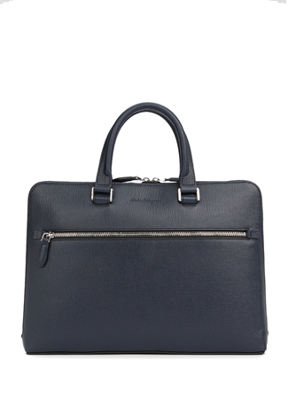 Salvatore Ferragamo Erkek Lacivert Logolu Deri Evrak Çantası Mavi EU