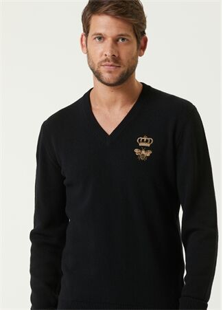 Dolce&Gabbana Erkek Siyah V Yaka Taç Figürlü Yün Kazak 46 IT