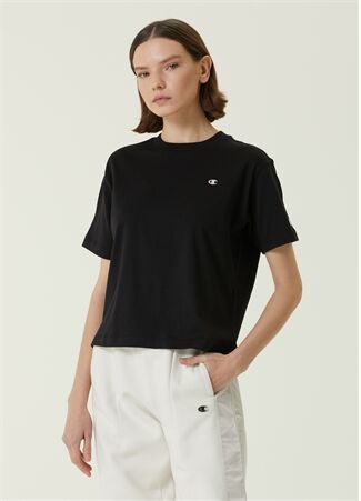 Champion Kadın Siyah Logo Nakışlı Bisiklet Yaka T-shirt XS EU