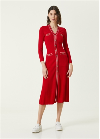 Sandro Kadın Kırmızı V Yaka Dikiş Detaylı Midi Elbise 34 FR