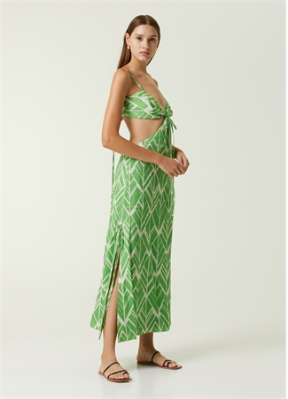 Alexis Kadın Daya Yeşil Desenli Maksi Keten Elbise S EU