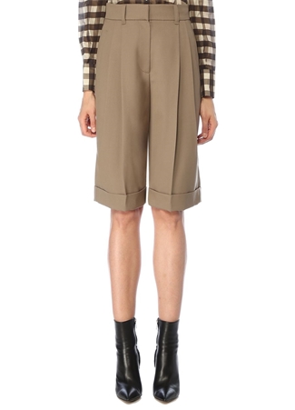 Brunello Cucinelli Kadın Kamel Yüksek Bel Pilili Midi Yün Şort Kahverengi 38 IT