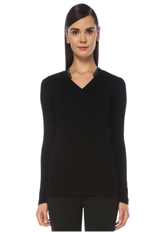 Brunello Cucinelli Kadın Siyah V Yaka Zincir Şerit Detaylı Sweatshirt M Eu