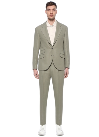 Brunello Cucinelli Erkek Gri Kelebek Yaka Keten Takım Elbise Yeşil 52 IT