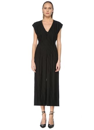 Sandro Kadın Siyah V Yaka Jakarlı Zincir Detaylı Tulum 34 FR