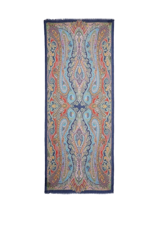 Etro Kadın Mavi Etnik Desen Jakarlı Kaşmir Şal EU