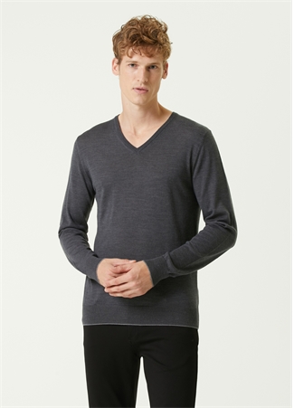 Beymen Collection Erkek Antrasit V Yaka Yün Kazak Gri L EU