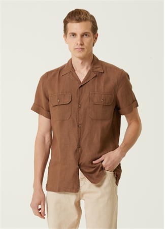 Brunello Cucinelli Erkek Kahverengi Kamp Yaka Keten Gömlek M EU