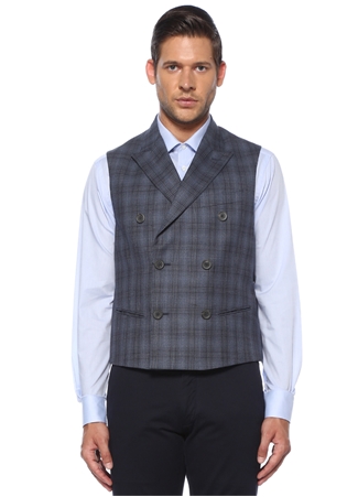 Pal Zileri Erkek Gri Kırlangıç Yaka Ekoseli Yün Yelek Mavi 48 IT