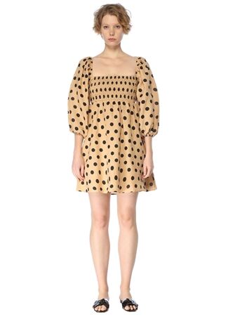 Faithfull The Brand Kadın Dallia Bej Siyah Puantiyeli Mini Keten Elbise XS EU
