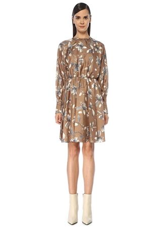 Brunello Cucinelli Kadın Bej Çiçekli Yarasa Kol Mini İpek Elbise S EU