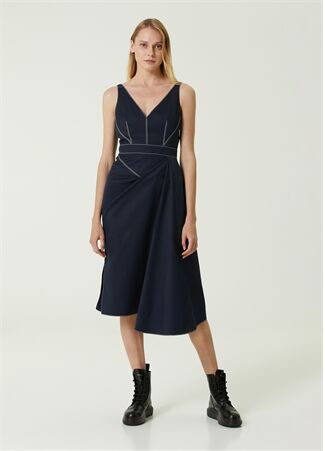 Alexander McQueen Kadın Lacivert Asimetrik Pilili Midi Elbise 42 IT