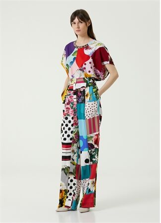 Dolce&Gabbana Kadın Colorblocked Karışık Desenli İpek Pantolon 42 IT