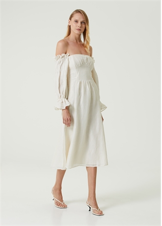 Cult Gaia Kadın Ekru Düşük Omuzlu Midi Keten Elbise Beyaz XS EU