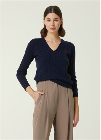 Polo Ralph Lauren Kadın Lacivert V Yaka Saç Örgü Yün Kazak S EU