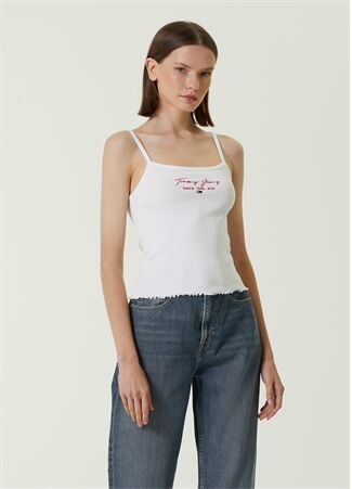 Tommy Jeans Kadın Beyaz Logolu Organik Pamuk Askılı T-shirt L EU