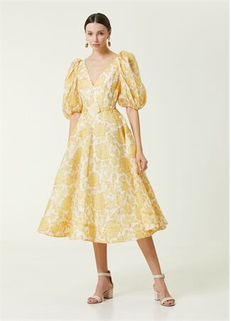 Zimmermann Kadın Sarı V Yaka Çiçekli Midi Keten Elbise 0 US Zimmermann Kadın Sarı V Yaka Çiçekli Midi Keten Elbise 0 US