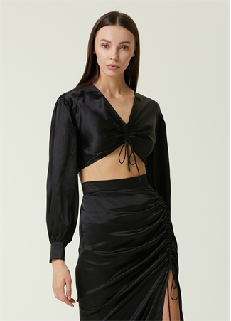 Allsaints Kadın Carla Siyah Büzgülü Crop Bluz 4 UK