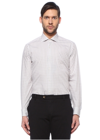 Pal Zileri Erkek Ekru İtalyan Yaka Ekoseli Gömlek 40 IT