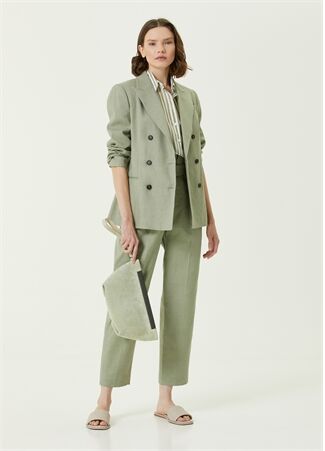 Brunello Cucinelli Kadın Yeşil Beli Kemerli Keten Pantolon 36 IT