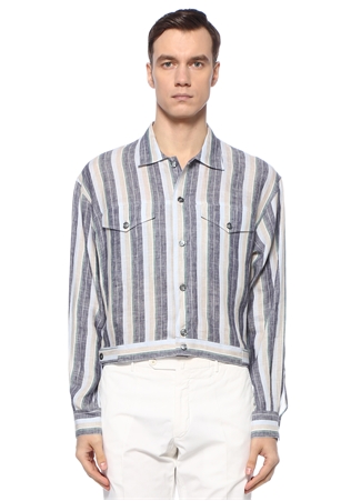 Pal Zileri Erkek Yeşil İngiliz Yaka Çizgili Keten Gömlek 4 IT