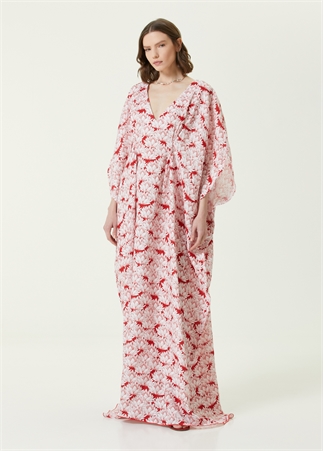 Gül Hürgel Kadın Kırmızı V Yaka Çiçekli Maksi Keten Elbise S EU