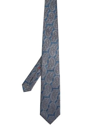 Isaia Erkek Mavi Şal Desenli İpek Kravat EU