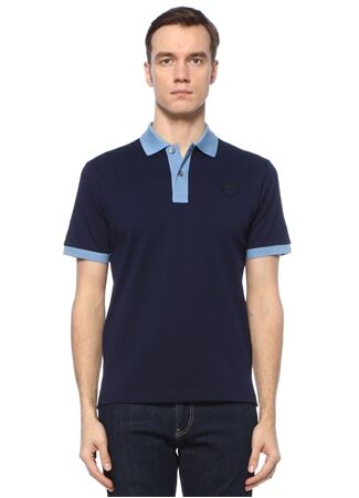 Prada Erkek Lacivert Polo Yaka Logo Patchli T-shirt XXL EU