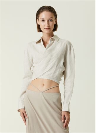 Musier Kadın Bej Kruvaze Keten Gömlek 36 IT