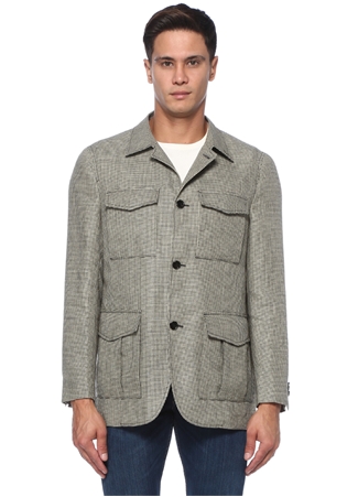 Caruso Erkek Siyah Beyaz Mikro Kazayağı Desenli Keten Ceket 52 IT