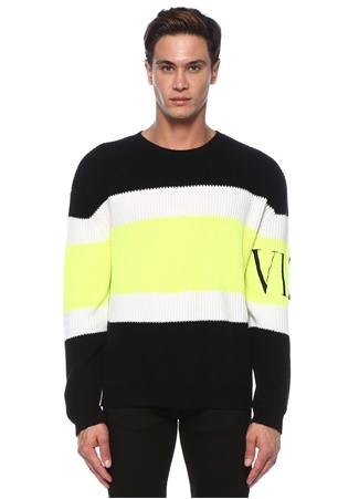 Valentino Erkek Siyah Sarı Logo Jakarlı Yün Triko Lacivert L EU