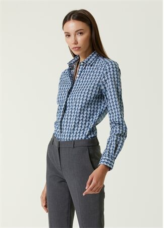 Pal Zileri Erkek Mavi Geometrik Desenli Gömlek 40 IT