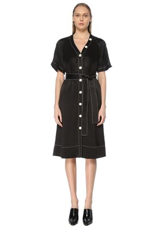 Proenza Schouler Kadın Siyah V Yaka Dikişli Beli Kuşaklı Midi Elbise 2 US