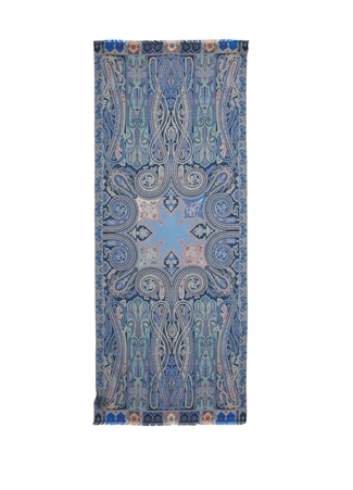 Etro Kadın Mavi Etnik Desen Jakarlı Yün Şal Lacivert EU