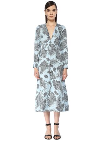 Sandro Kadın Mavi Şal Desenli V Yaka Midi Elbise 36 FR