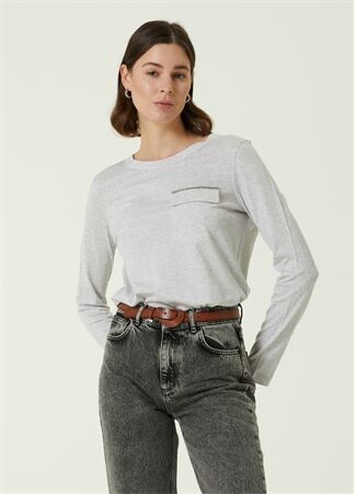 Brunello Cucinelli Kadın Gri Cep Detaylı Uzun Kol T-shirt S EU