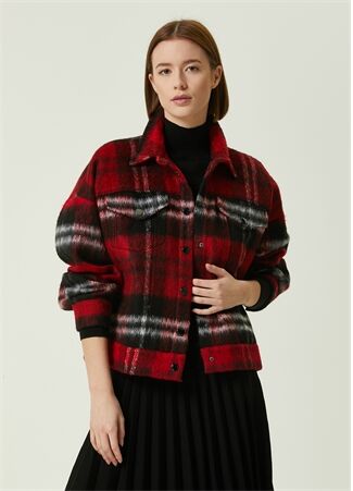 Beymen Club Kadın Kırmızı Ekoseli Kaşe Trucker Ceket 36