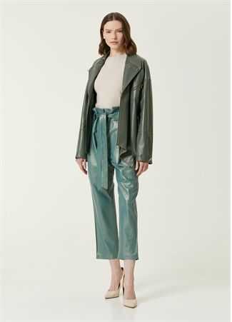 Due 2 Kadın Yeşil Yüksek Bel Pilili Deri Pantolon S EU