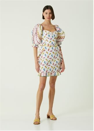 Gül Hürgel Kadın Beyaz Çiçek Desenli Mini Keten Elbise S EU
