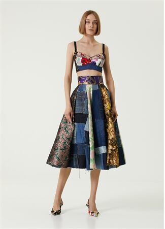 Dolce&Gabbana Kadın Yüksek Bel Patchwork Desenli Midi Etek Mavi 40 IT