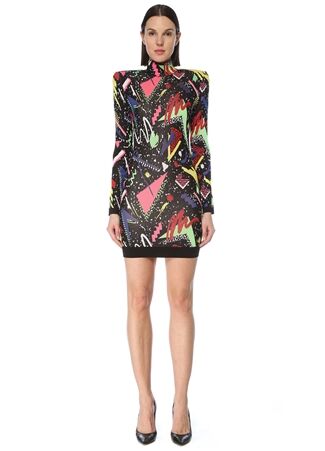 Balmain Kadın Siyah Dik Yaka Desenli Uzun Kol Mini Elbise 36 FR
