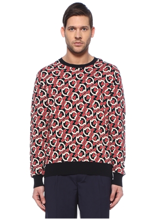 Moncler Erkek Kırmızı Beyaz Logo Desenli Kazak L EU