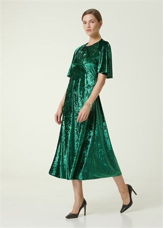 Beymen Club Kadın Yeşil Volan Kollu Midi Kadife Abiye Elbise 34