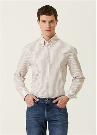 Brunello Cucinelli Erkek Bej Düğmeli Yaka Çizgi Desenli Gömlek S EU