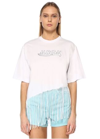 Msgm Kadın Beyaz Logo Baskılı Püsküllü T-shirt S EU