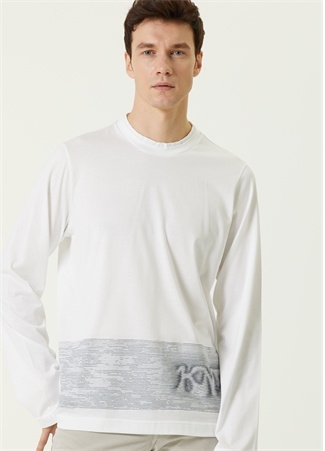 Knt Erkek Beyaz Çizgili Logo Detaylı Uzun Kollu T-shirt M EU