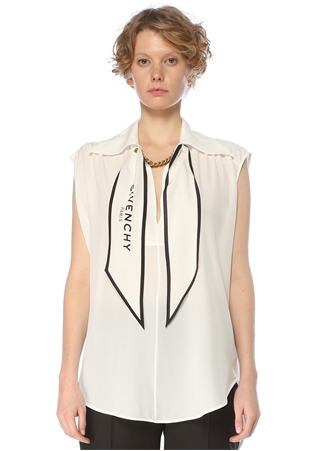 Givenchy Kadın Beyaz Logo Fularlı Kolsuz İpek Bluz 38 IT